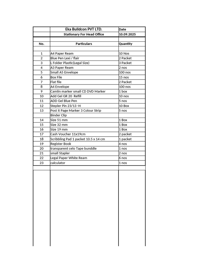 Office Stationery Order for Eka Buildcon | PDF