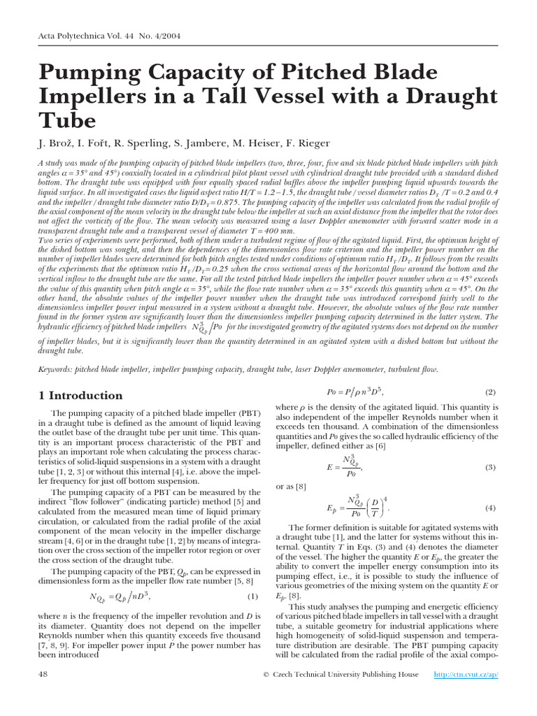 Pumping Capacity of Pitched Blade Impellers in A T | PDF | Flow ...