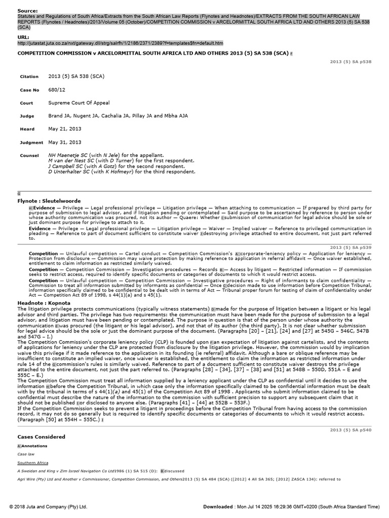COMPETITION COMMISSION V ARCELORMITTAL SOUTH AFRICA LTD AND OTHERS 2013 ...