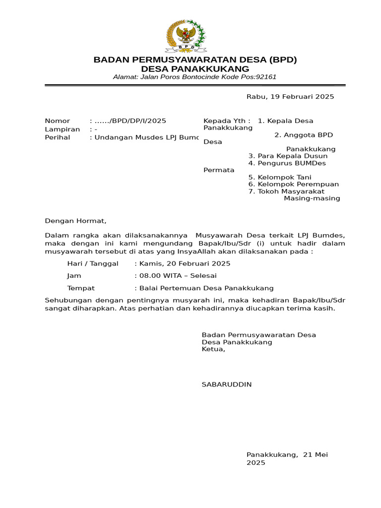 Undangan Musdes Desa Panakkukang 2025 | PDF