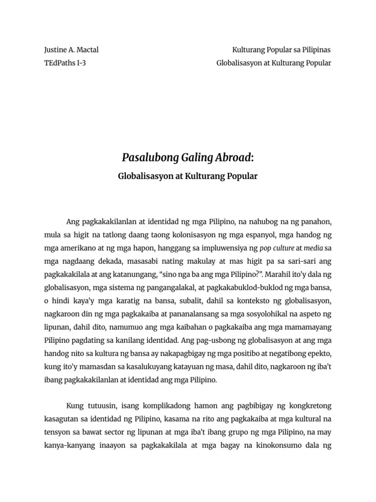 Mactal, Justine - KultPop - Globalisasyon at Kulturang Popular | PDF