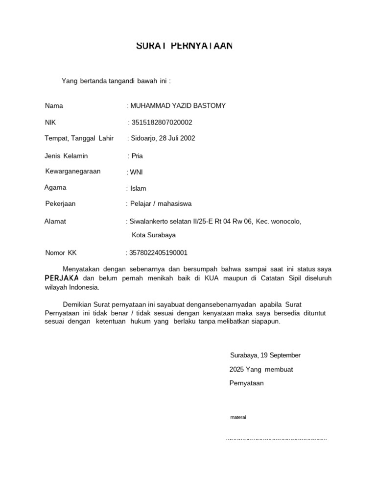 Surat Ket Perjaka 1 | PDF