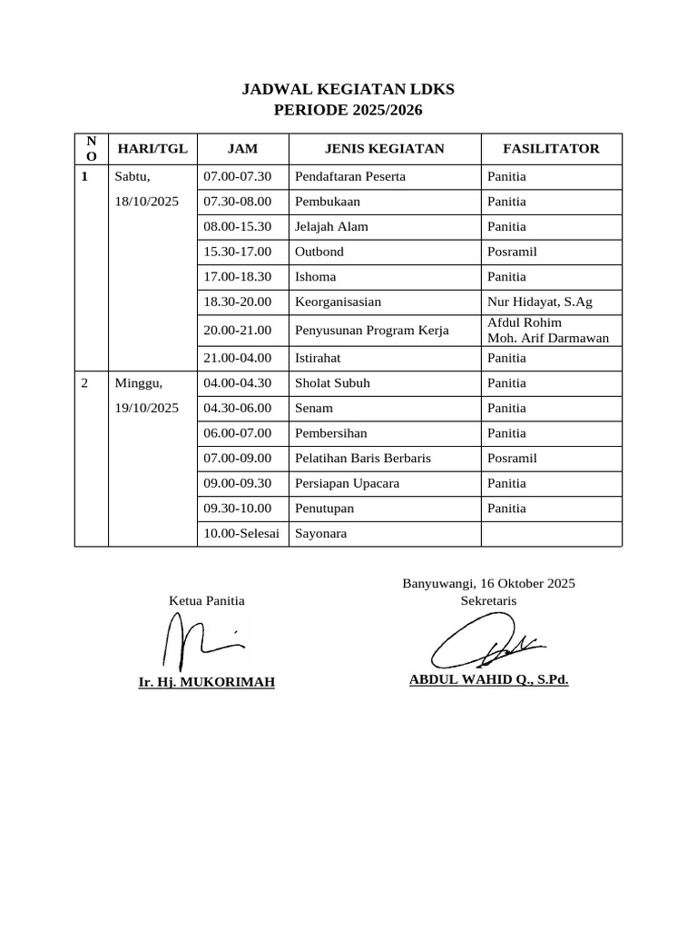 Jadwal Kegiatan LDKS 2025/2026 | PDF
