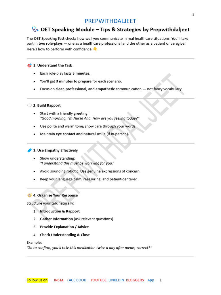 OET Speaking Test Tips & Strategies | PDF | Empathy | Human Communication