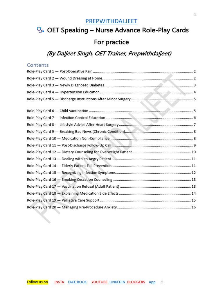 ? OET Speaking - Nurse Advance Role-Play Cards | PDF | Surgery ...