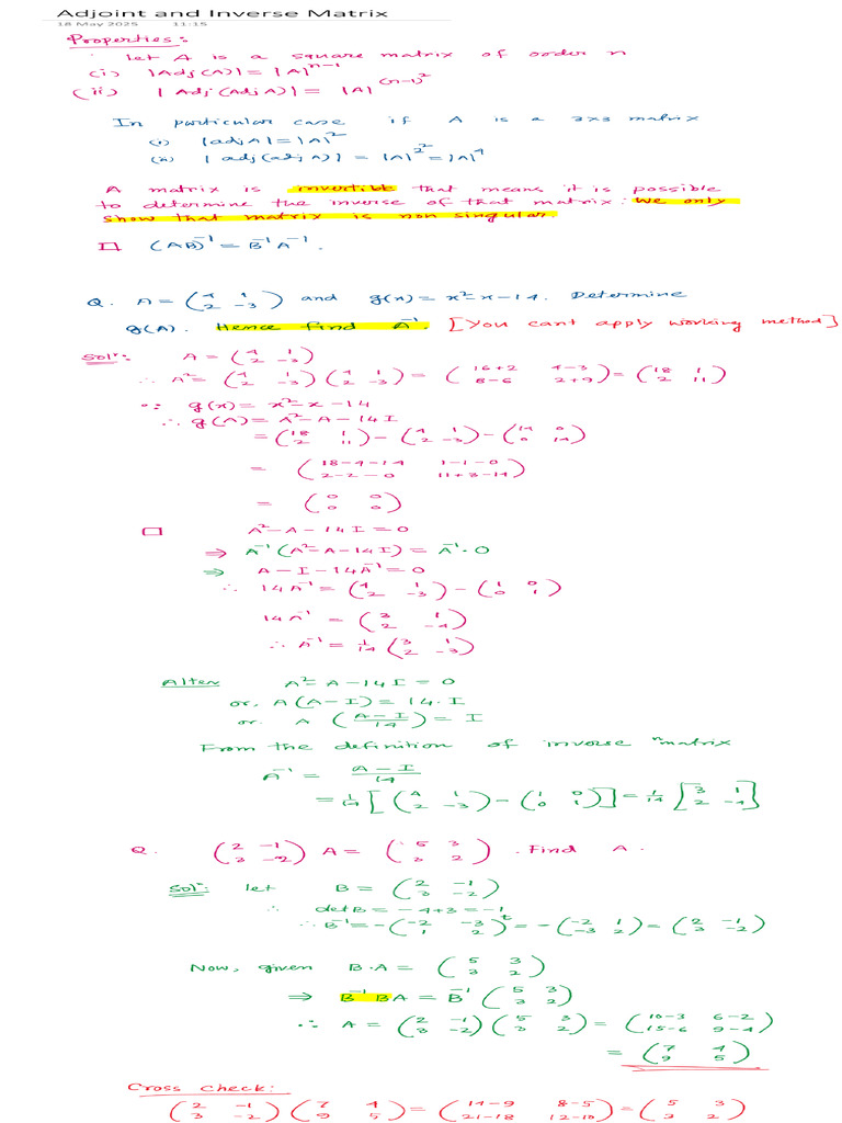 Adjoint and Inverse Matrix | PDF