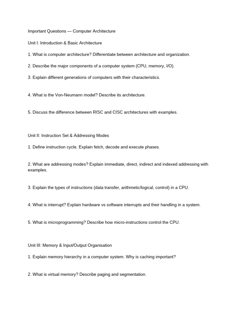 PYQs Important Questions - Computer Architecture | PDF