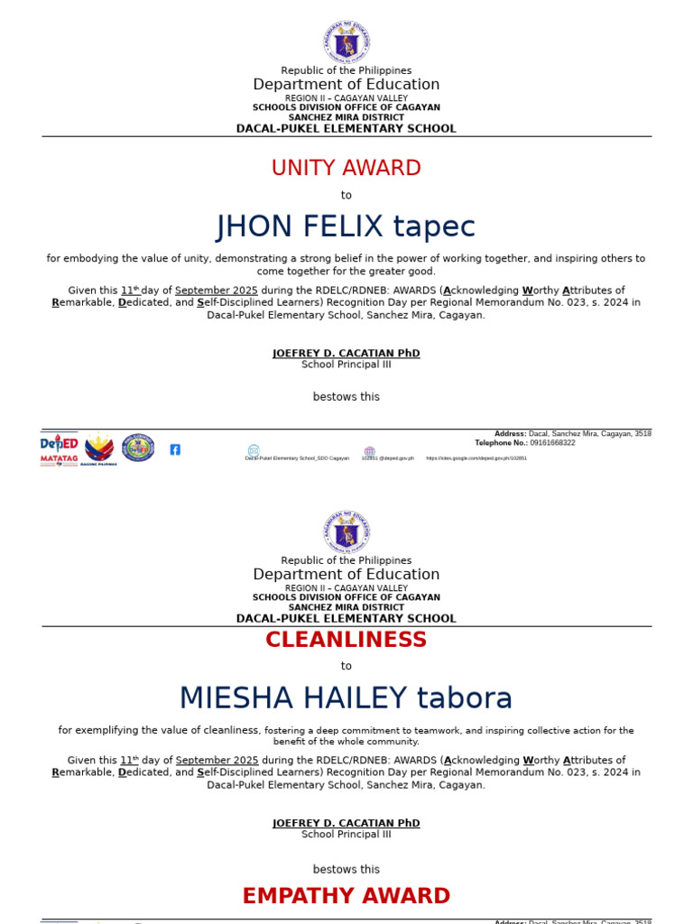 Dacal-Pukel Elementary School Awards | PDF | Social Psychology | Psychology