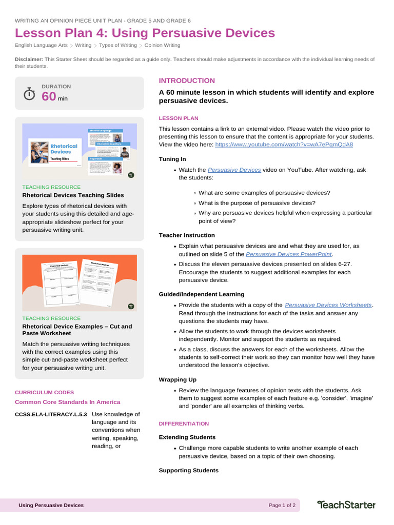 Persuasive Devices Lesson Plan | PDF | Lesson Plan | Behavior Modification