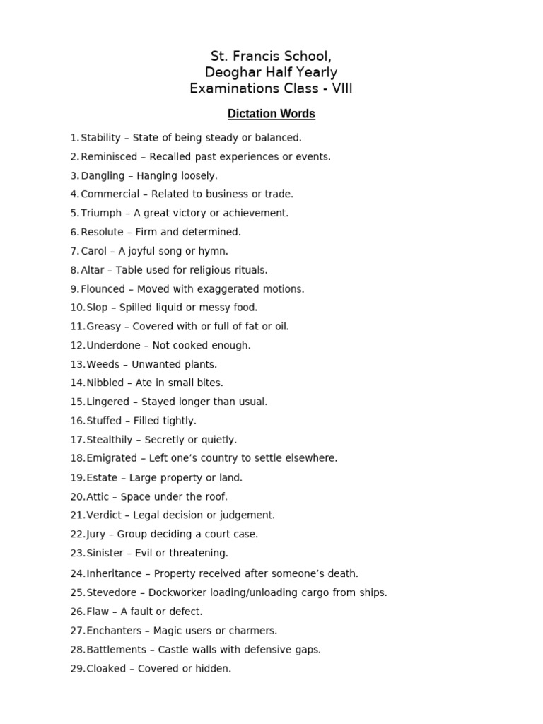 Dictation Words Class VIII | PDF