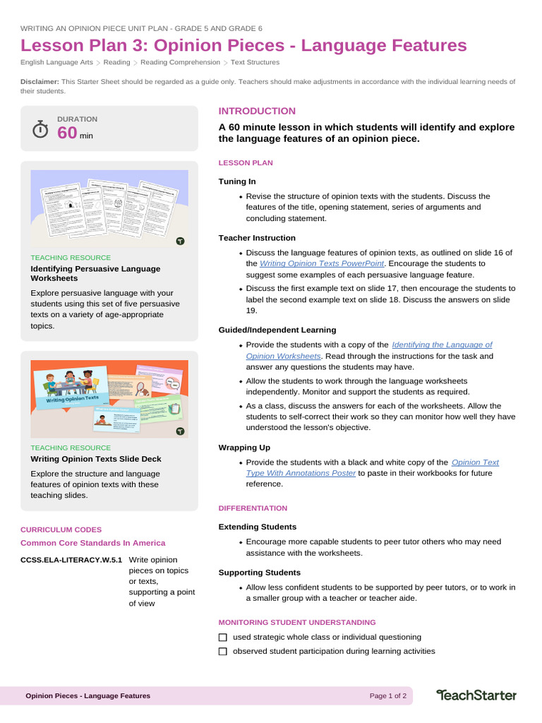 Opinion Language Features Lesson Plan | PDF | Lesson Plan | Teachers