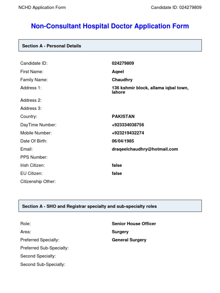 Non-Consultant Hospital Doctor Application Form | PDF | Medical School ...
