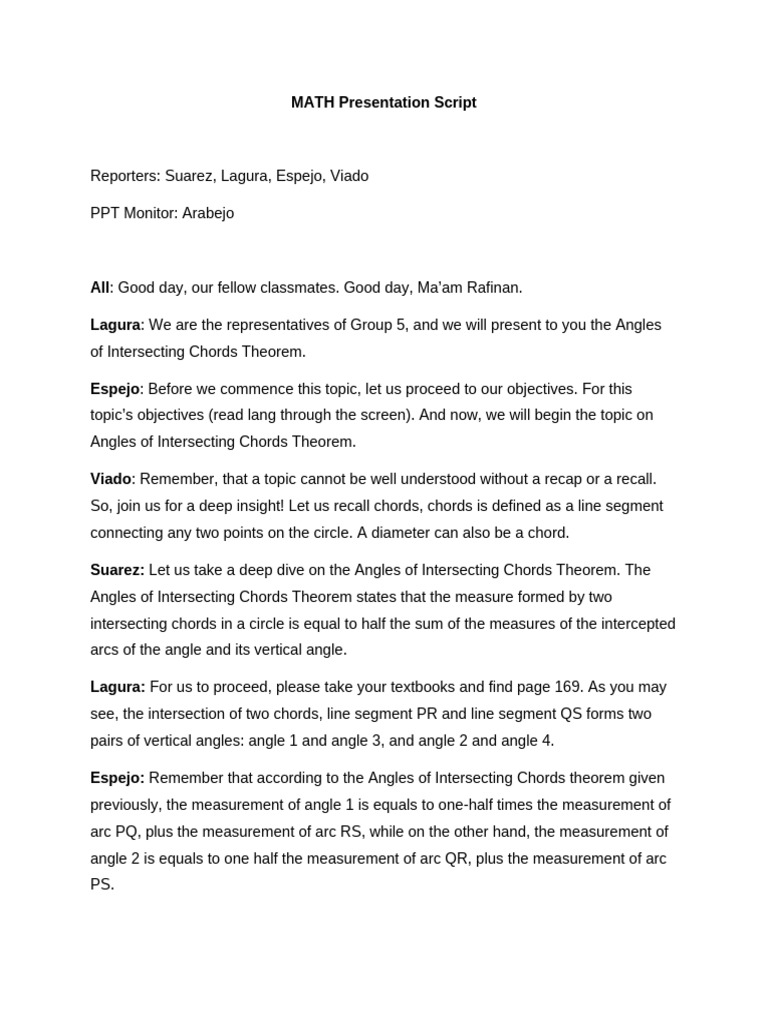 MATH Presentation Script Group 5 | PDF | Angle | Circle