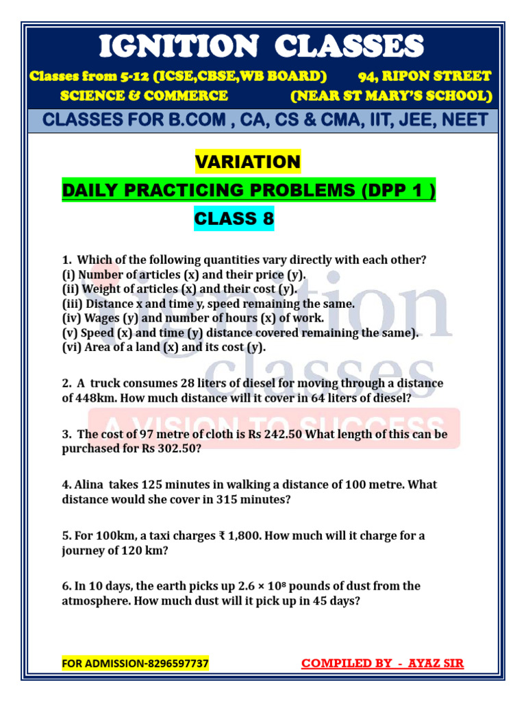Variation Class 8 by Ayaz Sir DPP 1 | PDF