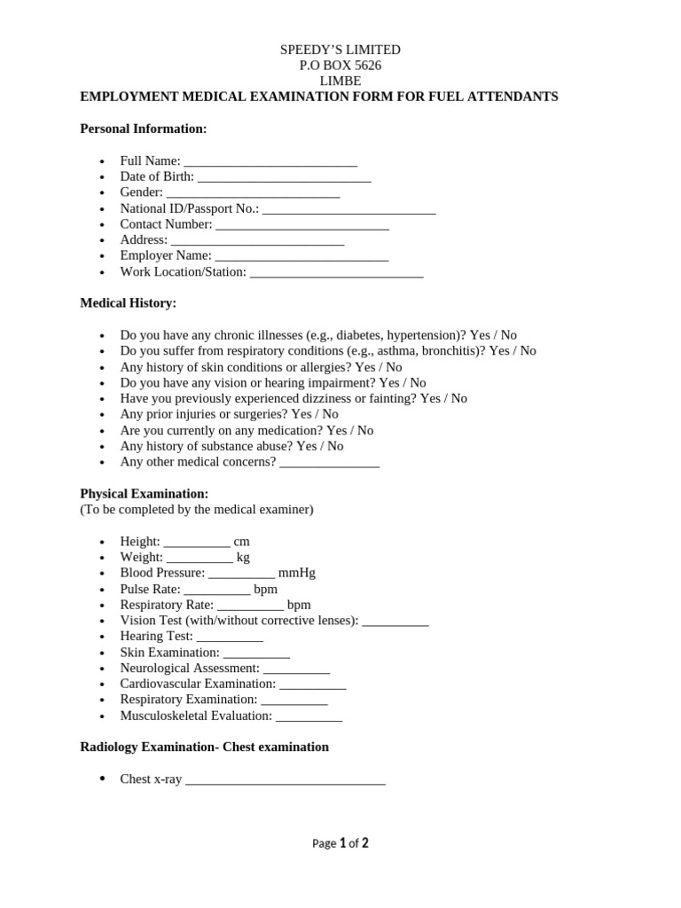 Fuel Attendant Medical Exam Form | PDF | Physical Examination | Medical ...