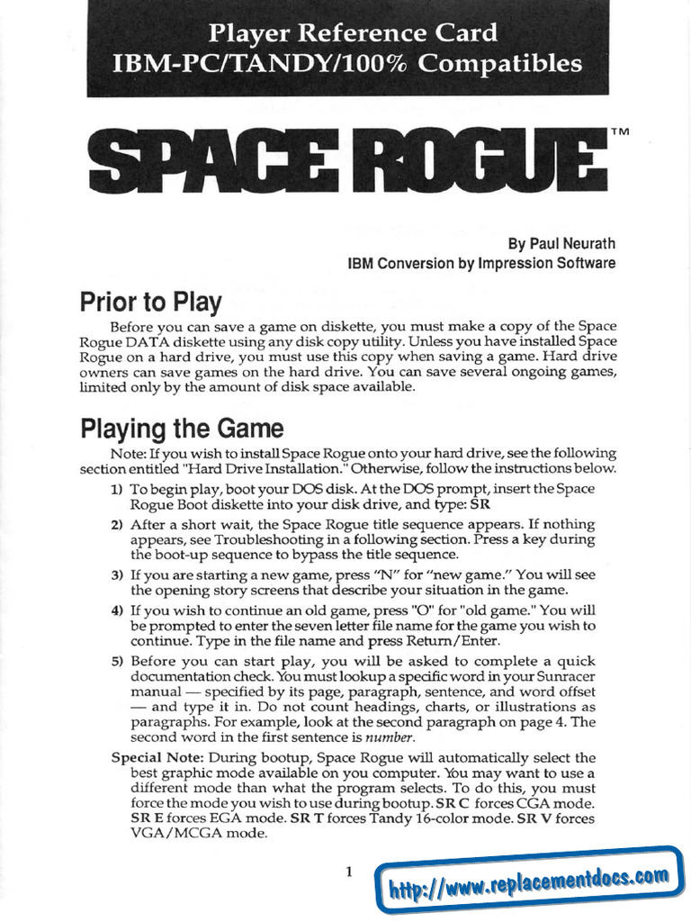 Space Rogue - Quick Reference Card - PC | PDF