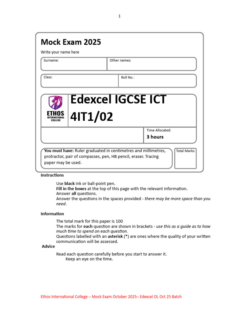 Ethos College Mock Exam Instructions | PDF | Spreadsheet | Page Layout