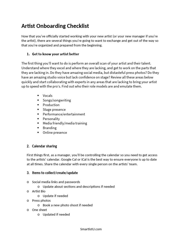 Essential Artist Onboarding Checklist | PDF | Computing