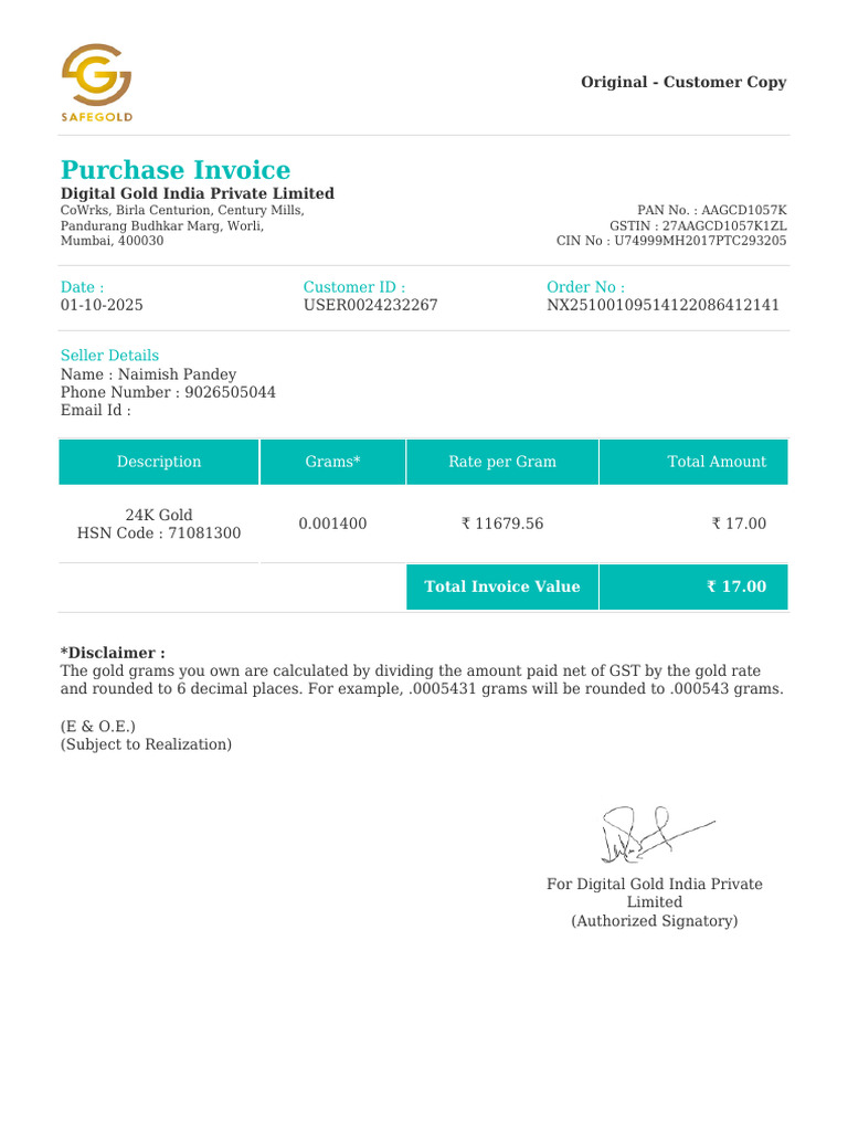Digital Gold Purchase Invoice 2025 | PDF