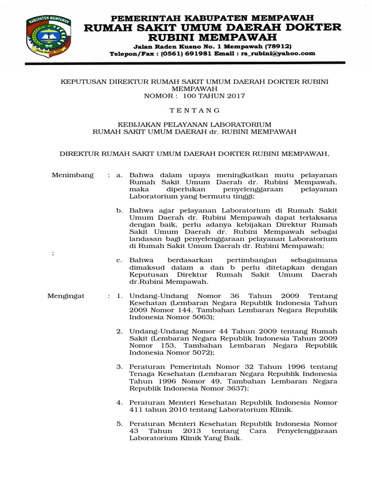 Kebijakan Laboratorium RSUD dr. Rubini | PDF