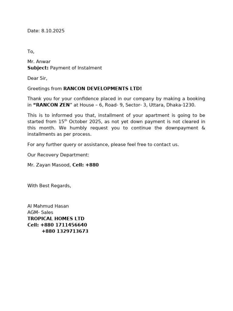 Downpayment Letter | PDF