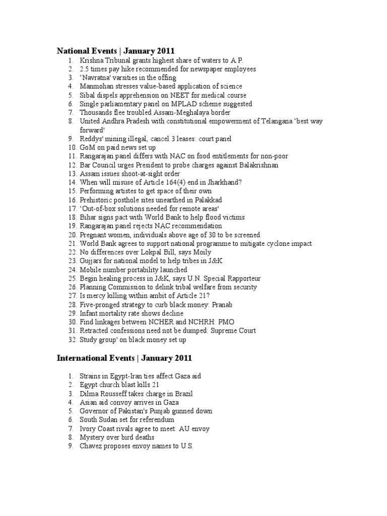 Key National Events - January 2011 | PDF | Indian Black Money | Nuclear ...