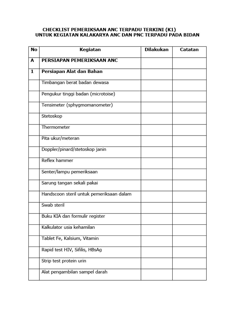 Salinan Checklist Pemeriksaan Anc Terpadu Terkini k1 | PDF