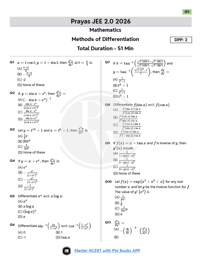 Methods of Differentiation: DPP 02 | PDF | Complex Analysis | Calculus