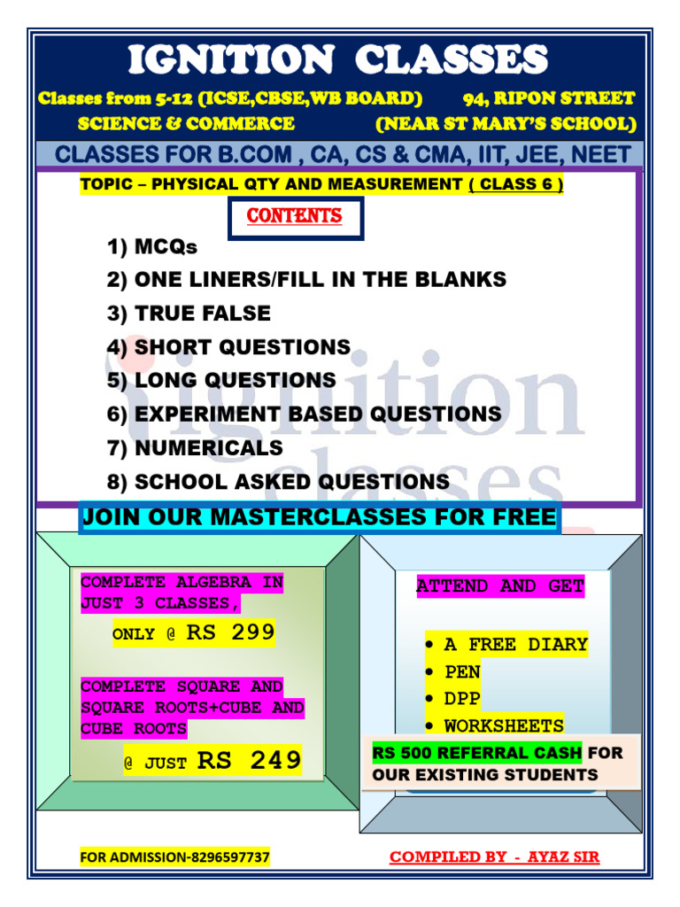 Class 6 Physical Quantity MCQs & More | PDF | Fahrenheit | Kilogram