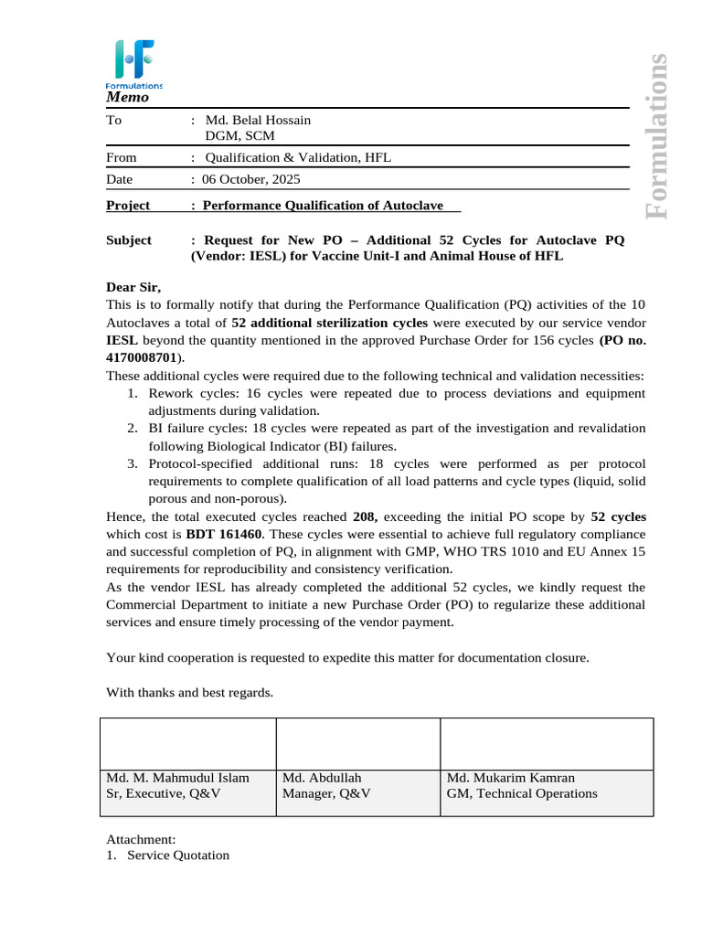 Memo For Extra Autocalve Cycle | PDF