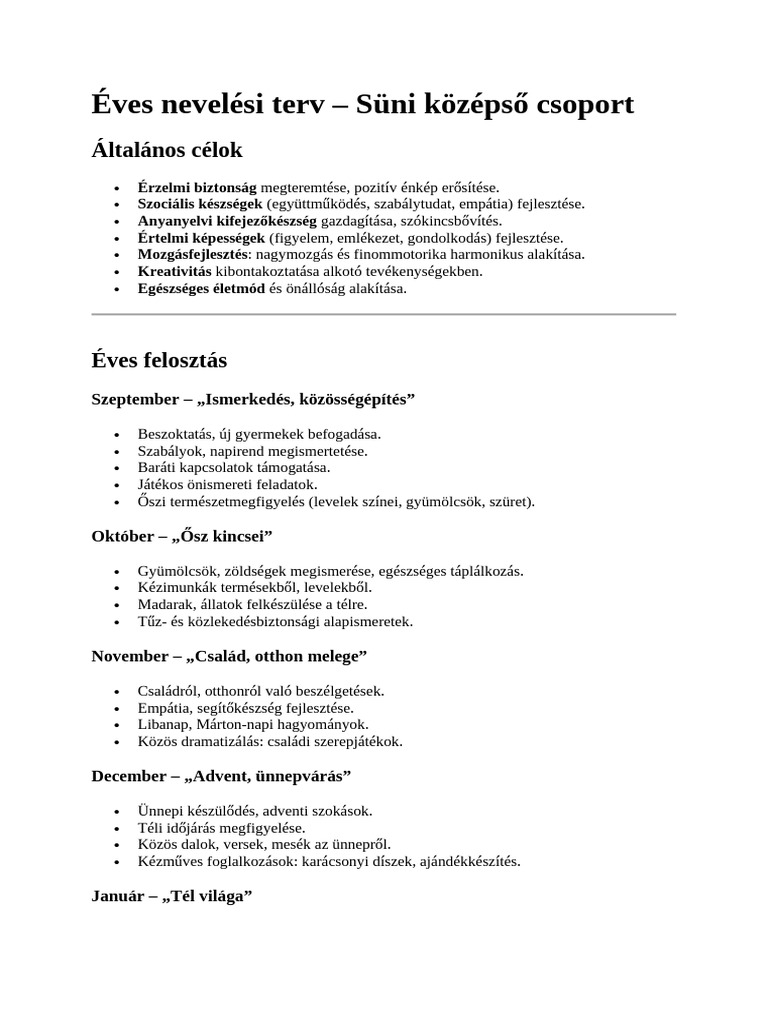 Éves Nevelési Terv Középső | PDF