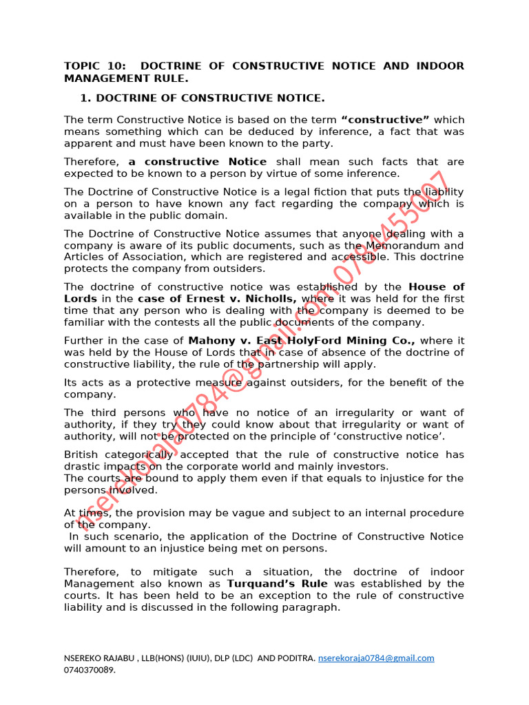 Constructive Notice and Indoor Management Rules | PDF | Justice | Crime ...