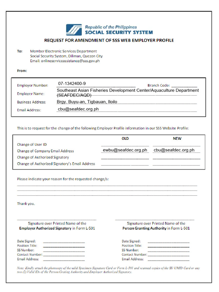 Request For Amendment of SSS Web Employer Profile | PDF