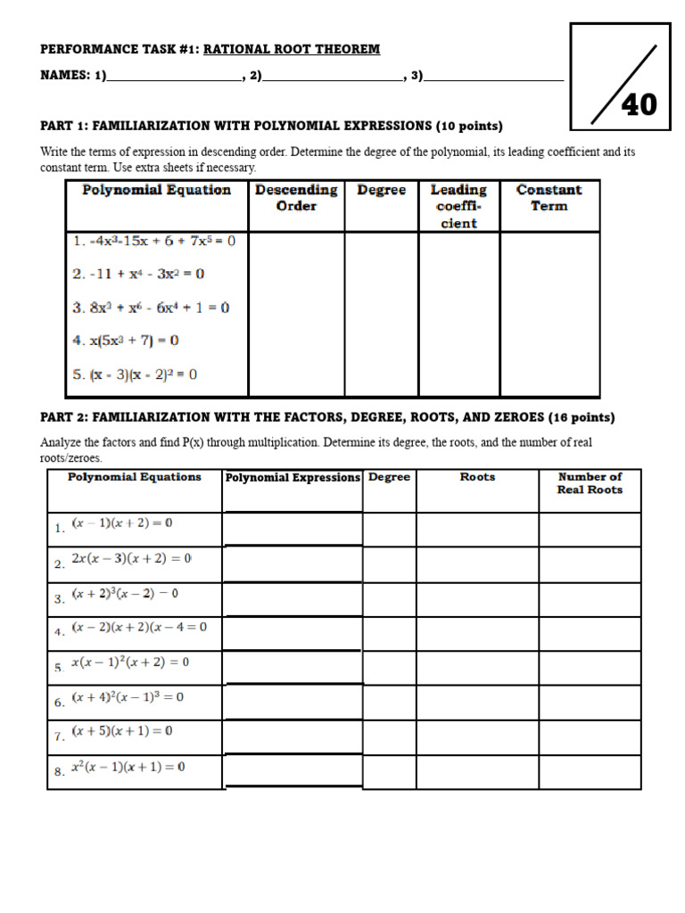 Rational Root Theorem Performance Task | PDF