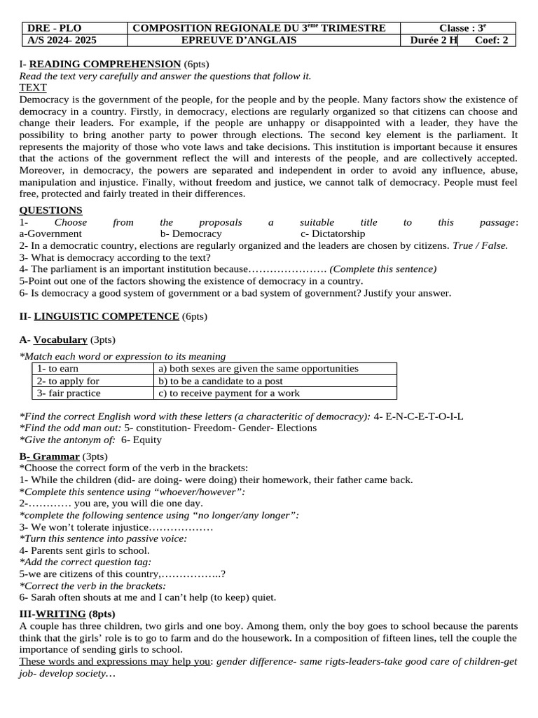English Exam on Democracy Concepts | PDF | Democracy | Political Ideologies