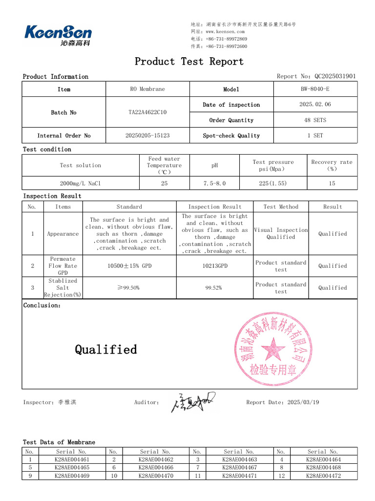 Test Report BW-8040-E 48pcs Dry 2 | PDF | Membrane | Chemical Engineering