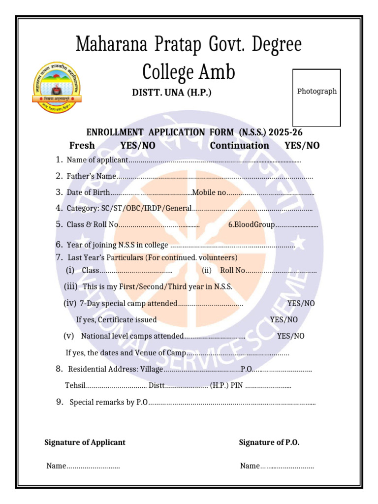 NSS Enrollment Application 2025-26 | PDF