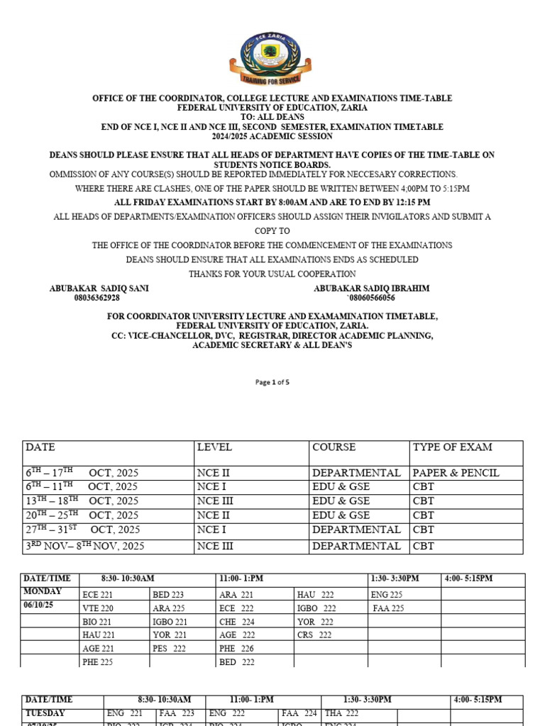 2024/2025 NCE Examination Timetable | PDF | Educational Stages | Tests