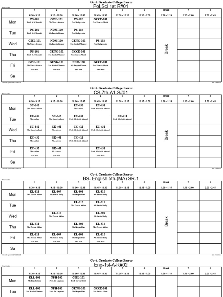 Time Table Classes W.E.F 29-10-25 | PDF