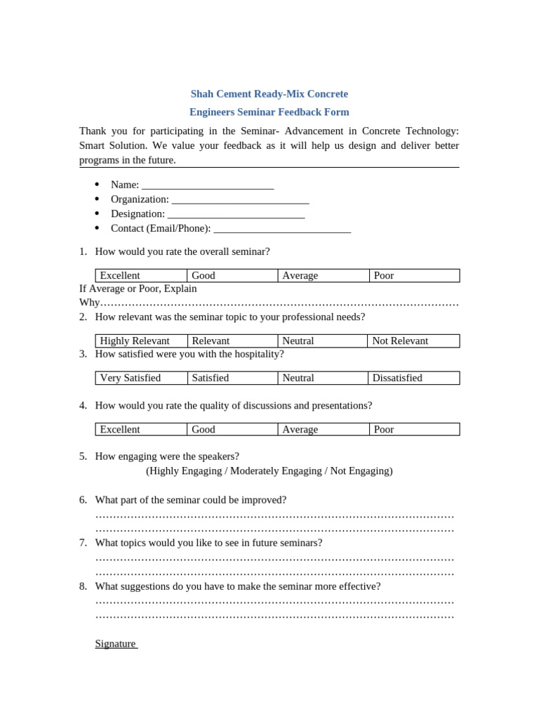 Engineers Seminar Feedback Form | PDF