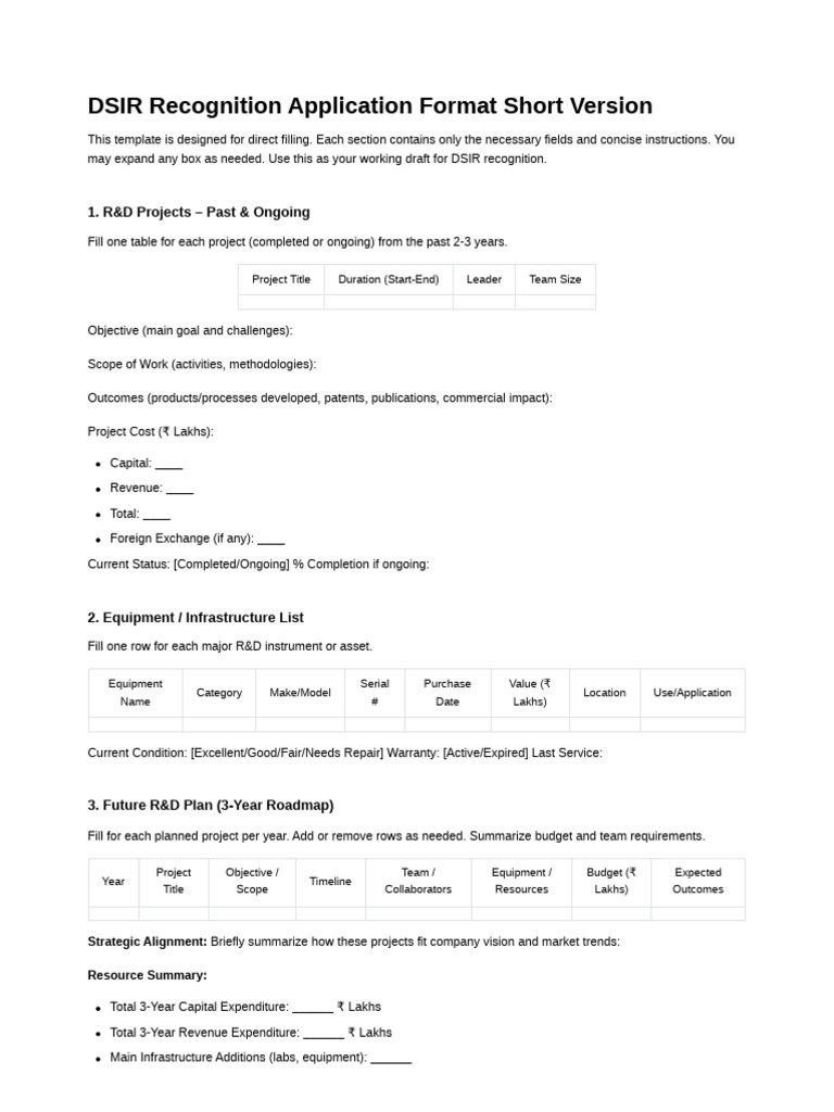 DSIR Recognition Application Template | PDF