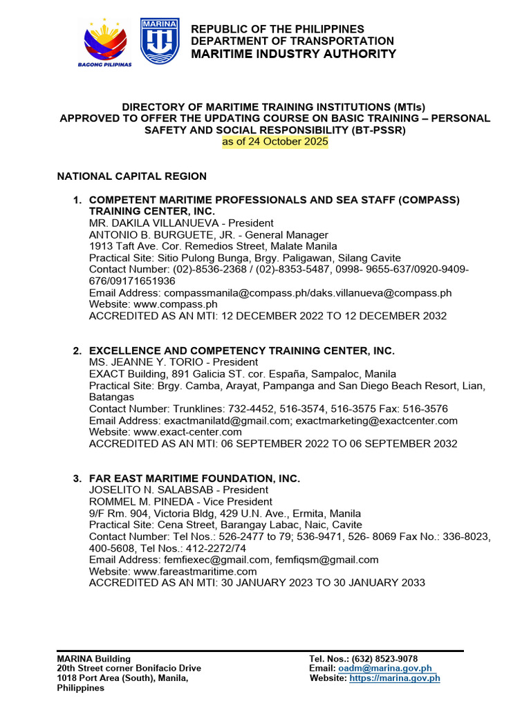 BT-PSSR Training Institutions Directory | PDF