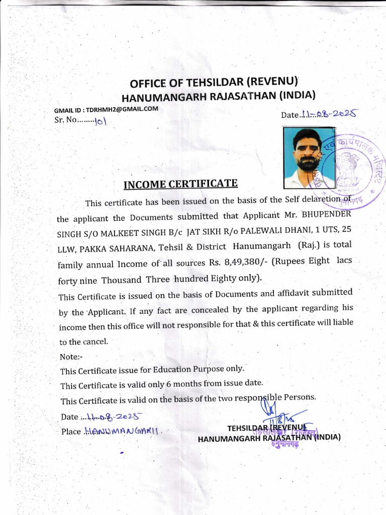 Income Certificate for Education Purposes | PDF