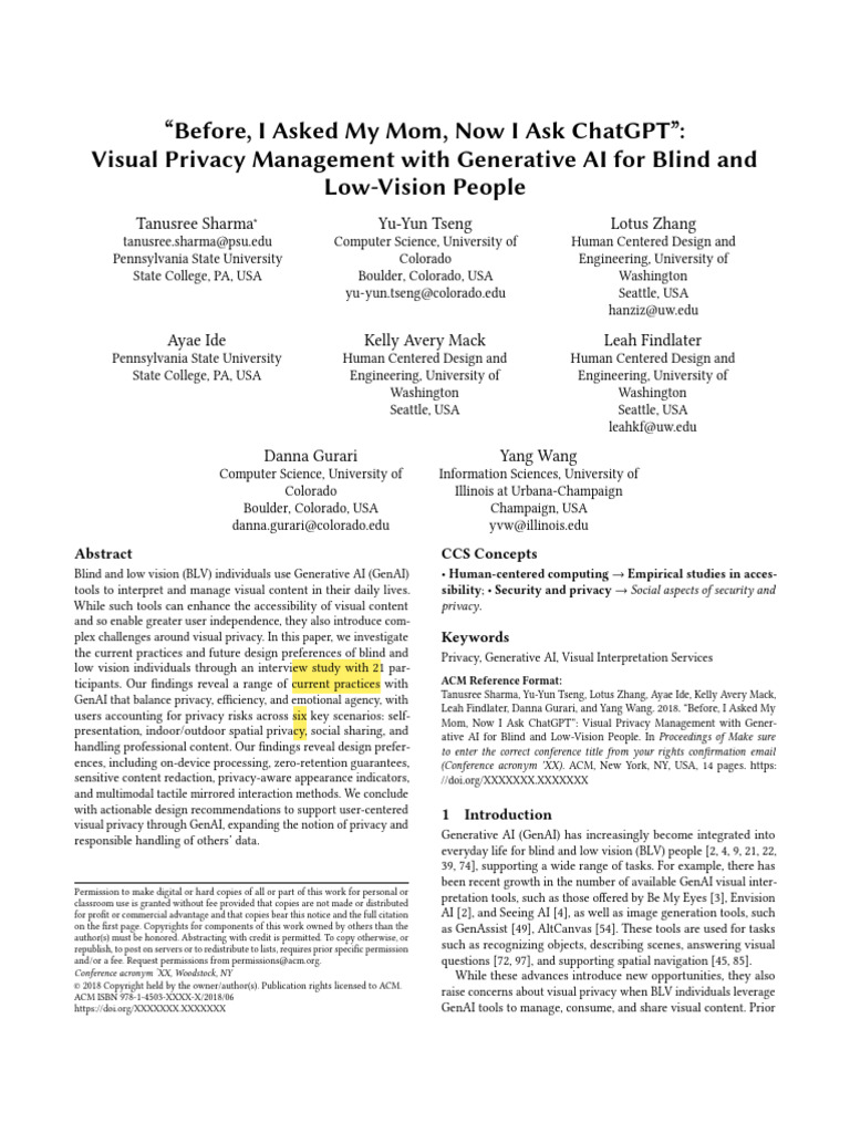 Visual Privacy in Generative AI for BLV | PDF | Privacy | Visual Impairment