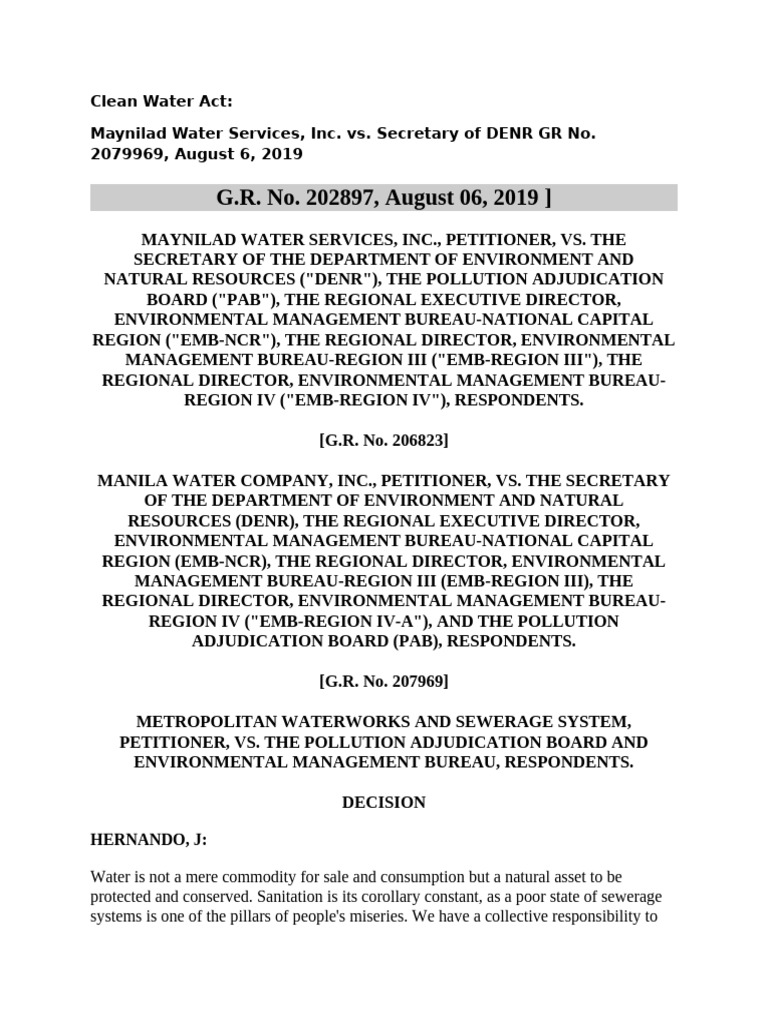 Maynilad vs. DENR: Clean Water Act Case | PDF | Water | Police Power ...