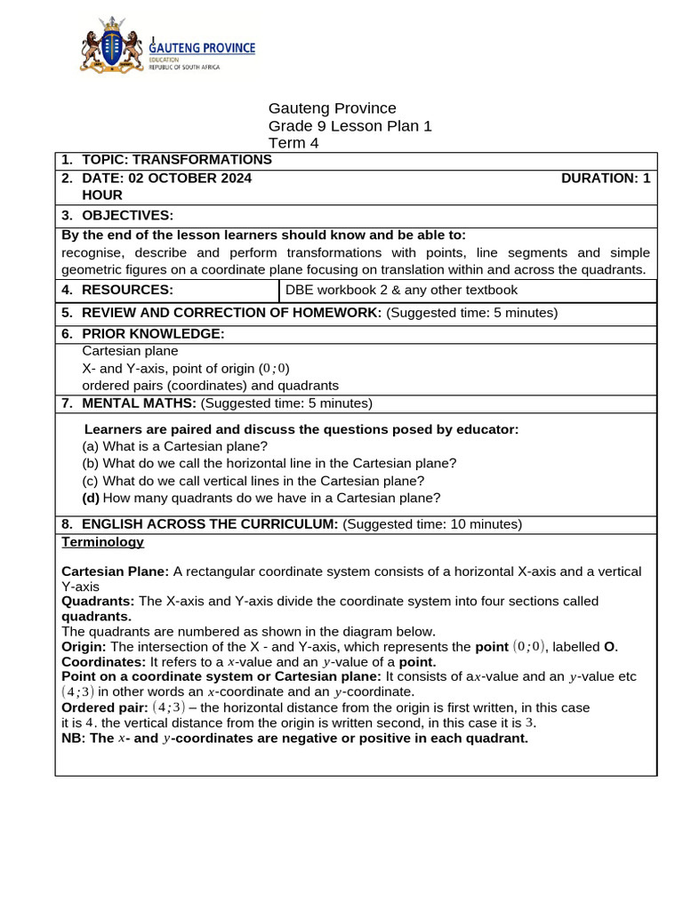 Grade 9 Transformations Lesson Plan | PDF | Cartesian Coordinate System ...