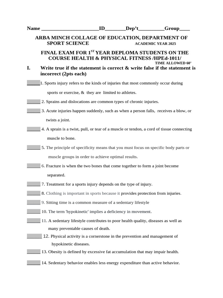 Final Exam: Health & Physical Fitness | PDF | Sedentary Lifestyle ...