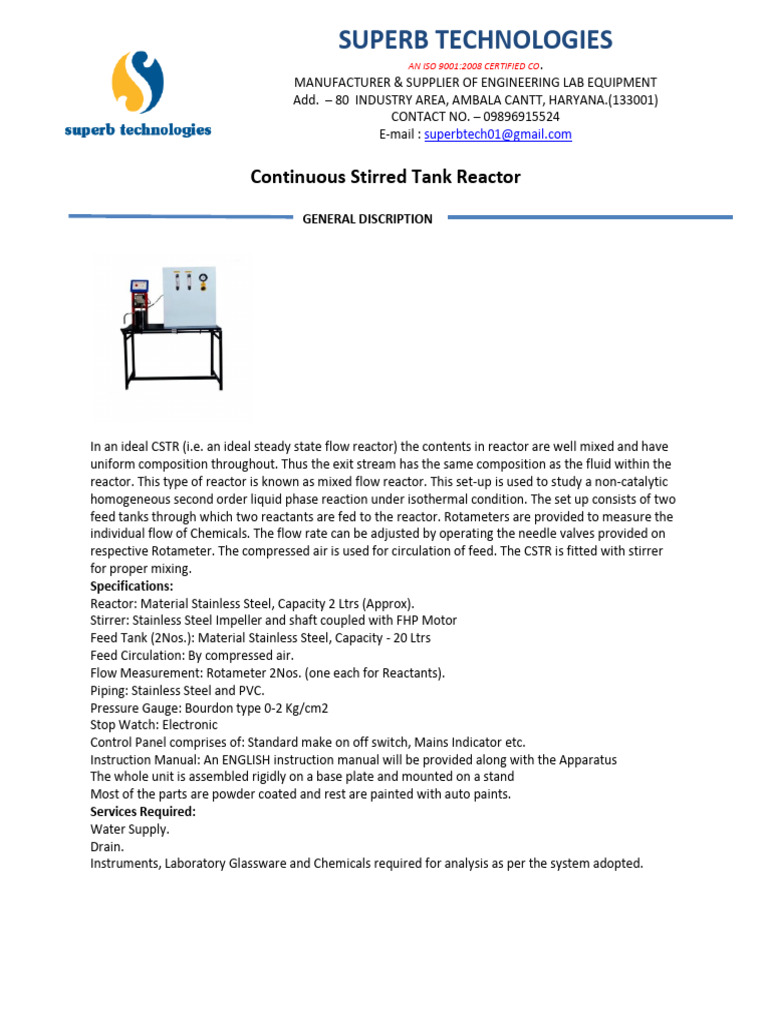 (SCRE 01) Continuous Stirred Tank Reactor | PDF