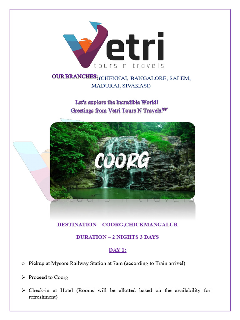 Coorg , Chickmangalur 2 Night 3 Days | PDF