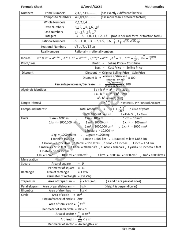 Formula Sheet Maths O Level | PDF | Area | Numbers